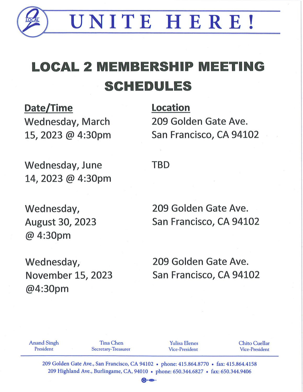 Upcoming Local 2 Membership Meetings – UNITE HERE 2